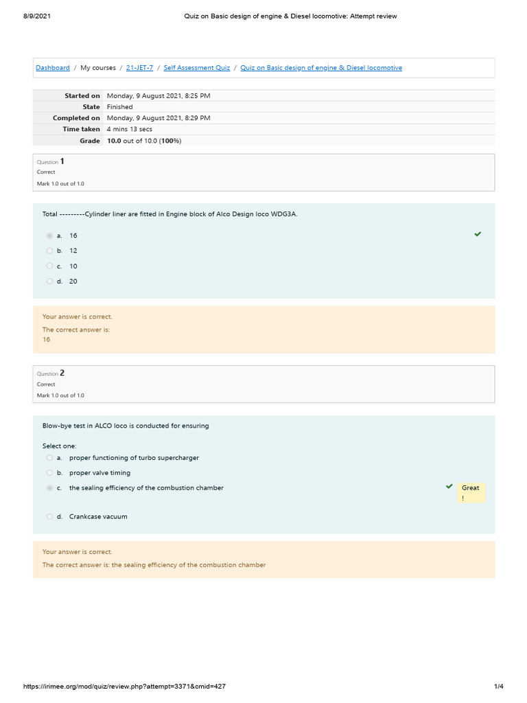 1 Quiz On Basic Design of Engine & Diesel Locomotive - Attempt Review ...