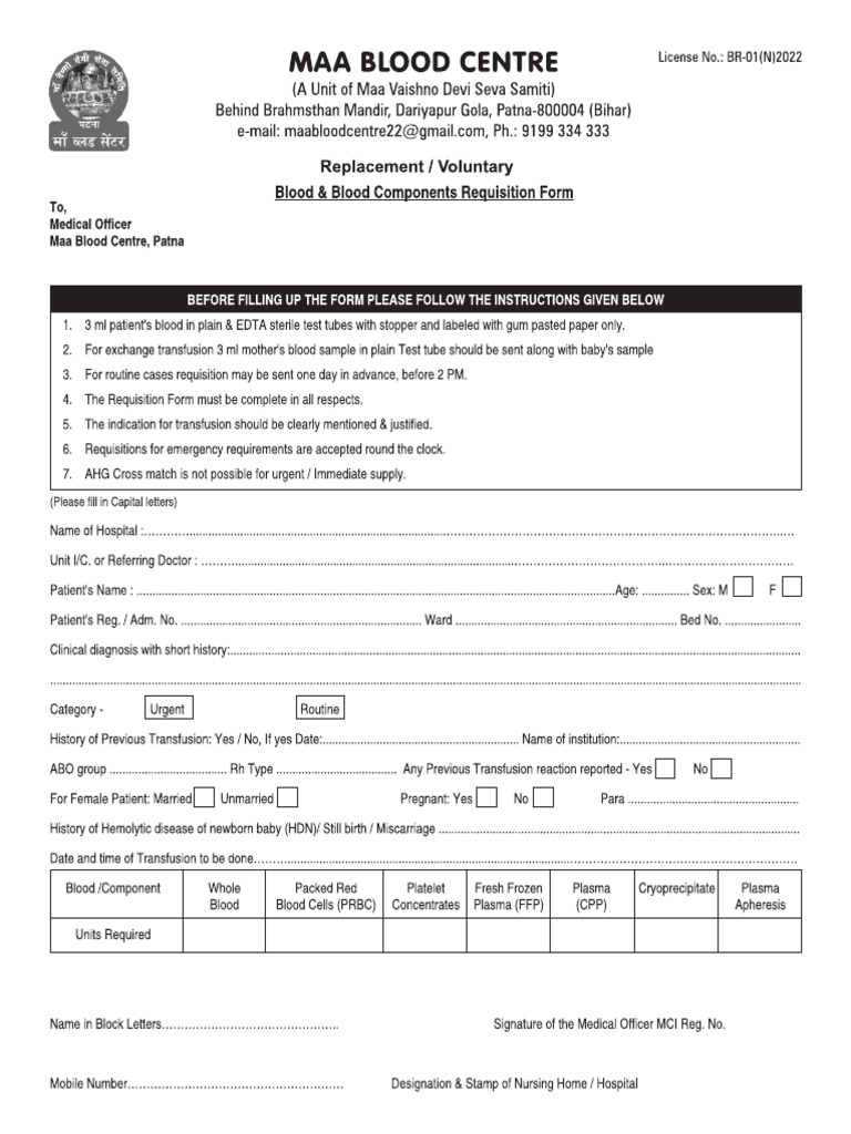 Requisition Maa Blood Bank Form | PDF