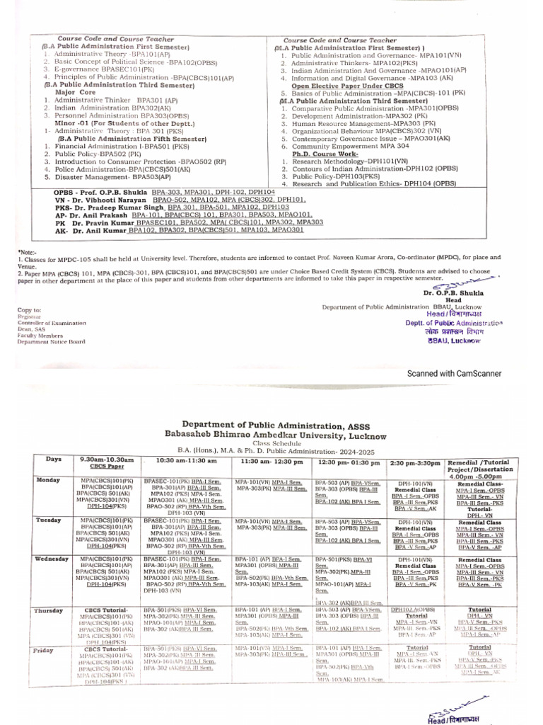 Revised Time Table For Academic Session 2024-2025 of Department of Public Administration | PDF