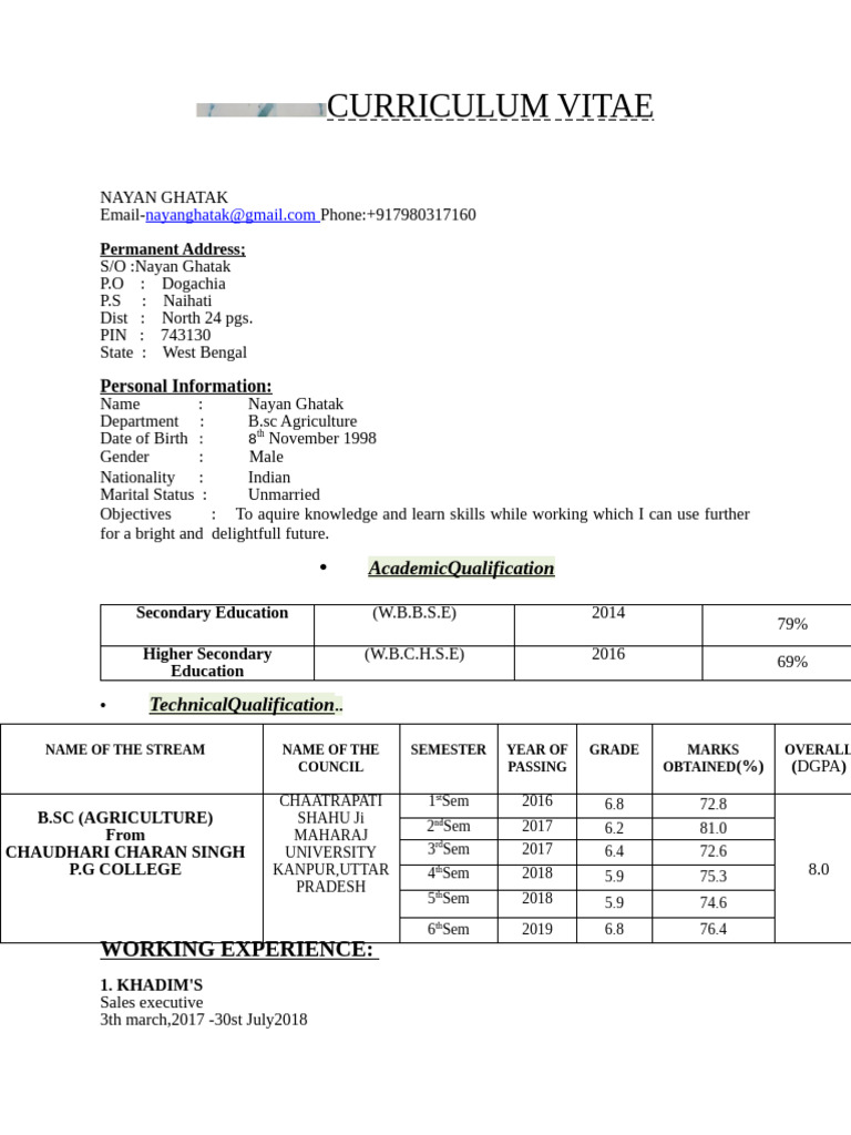 Nayan Ghatak's CV: B.Sc Agriculture | PDF