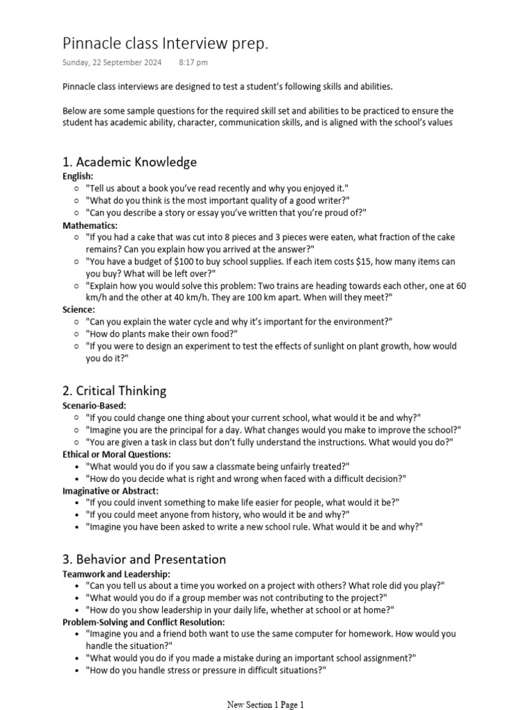 Pinnacle Class Interview Preparation | PDF | Psychology | Learning