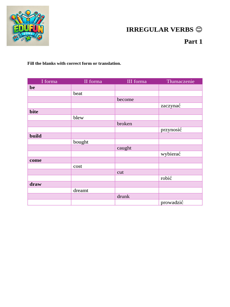 Irregular Verbs Part 1 Klasa 8 | PDF