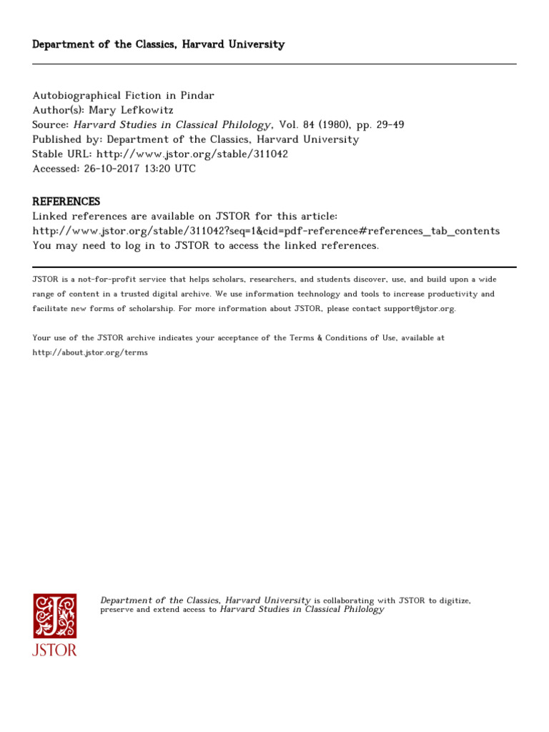 Lefkowitz, M. (1980) - Autobiographical Fiction in Pindar. | PDF | Social Science | Art