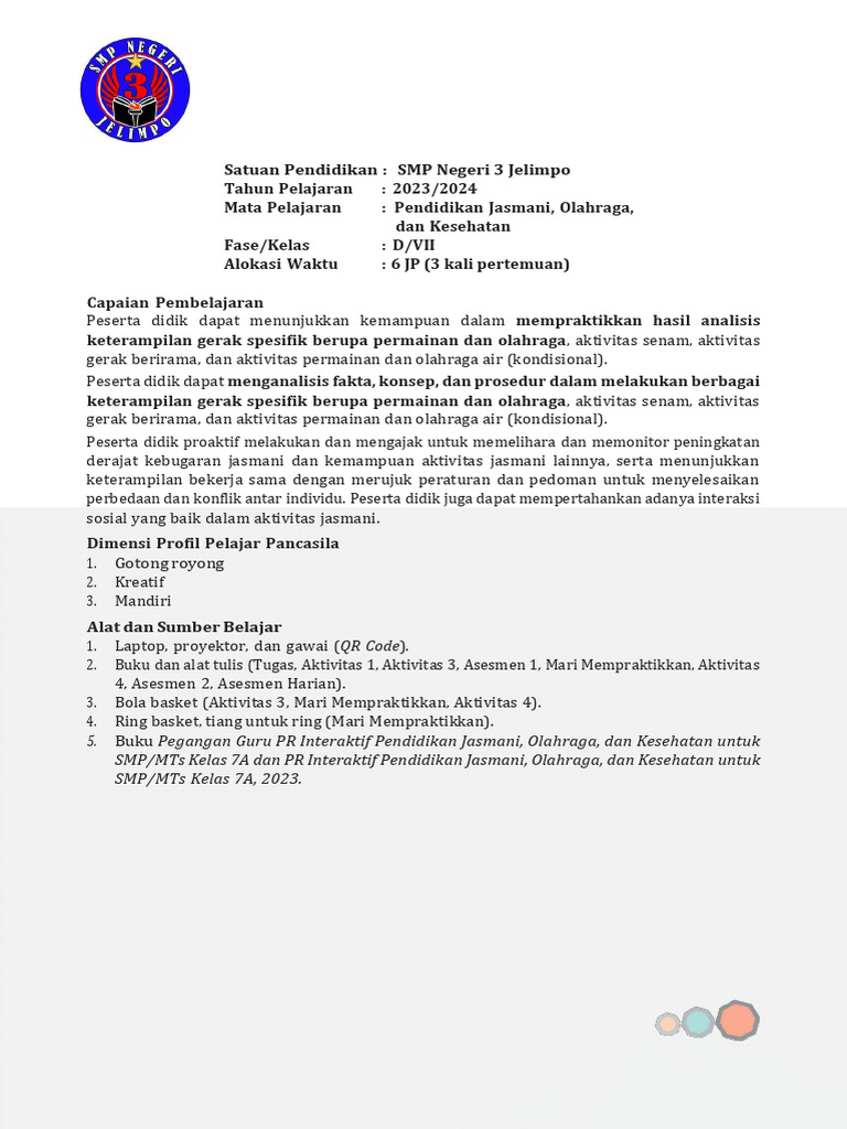 Modul Ajar PR PJOK 7A 2023-2024 Bab 1 | PDF