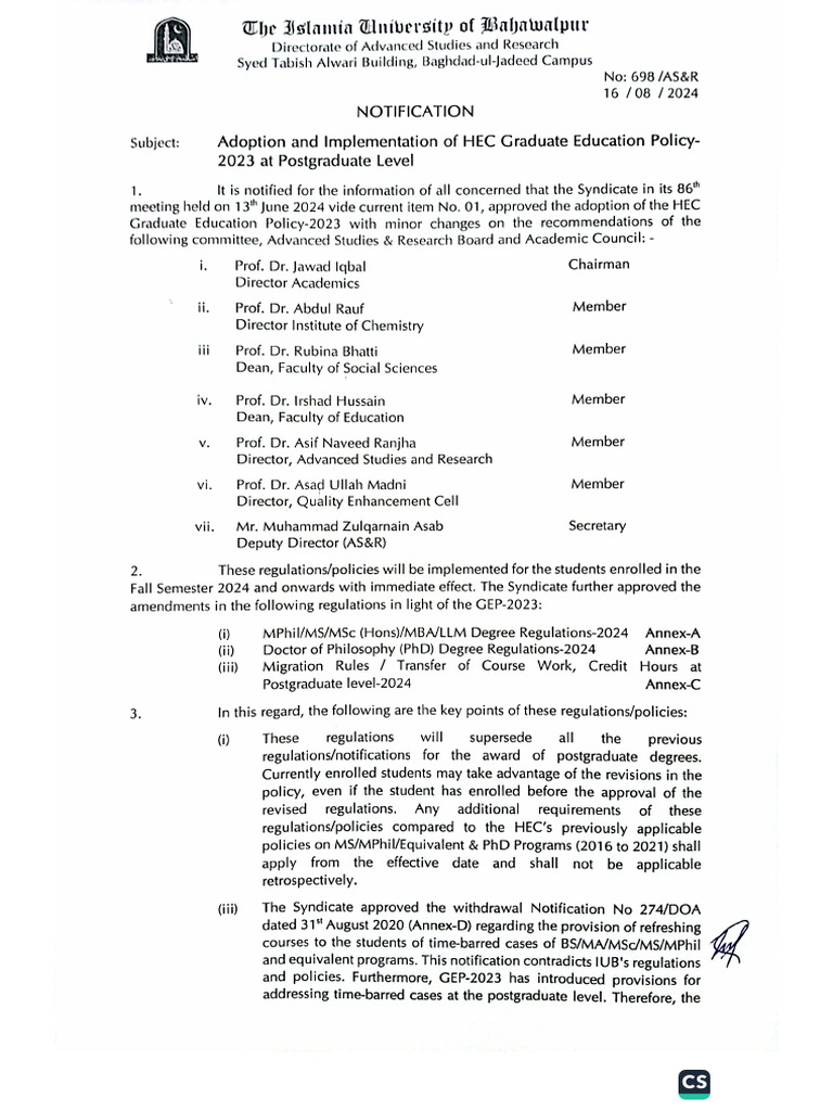 Adoption and Implementation of HEC Graduate Education Policy-2023 at ...
