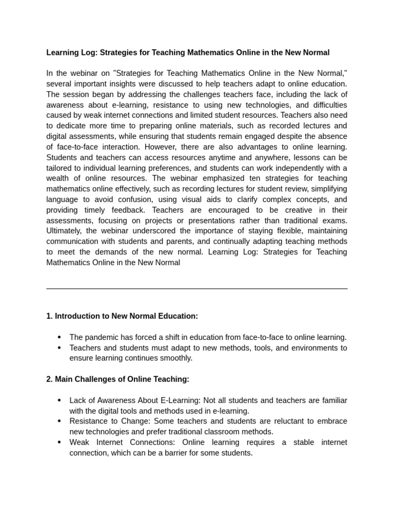 Learning Log - Strategies For Teaching Mathematics Online in The New ...