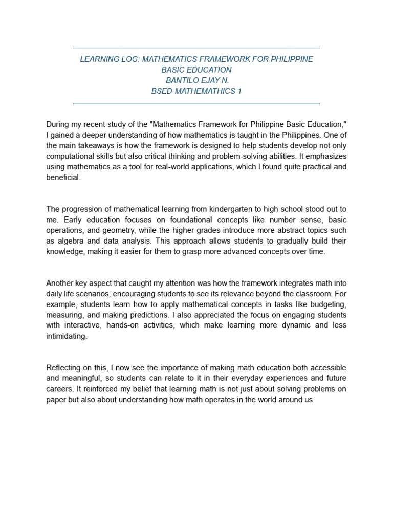 Mathematics Framework For Philippine Basic Education (Learning Log) | PDF | Social Science ...