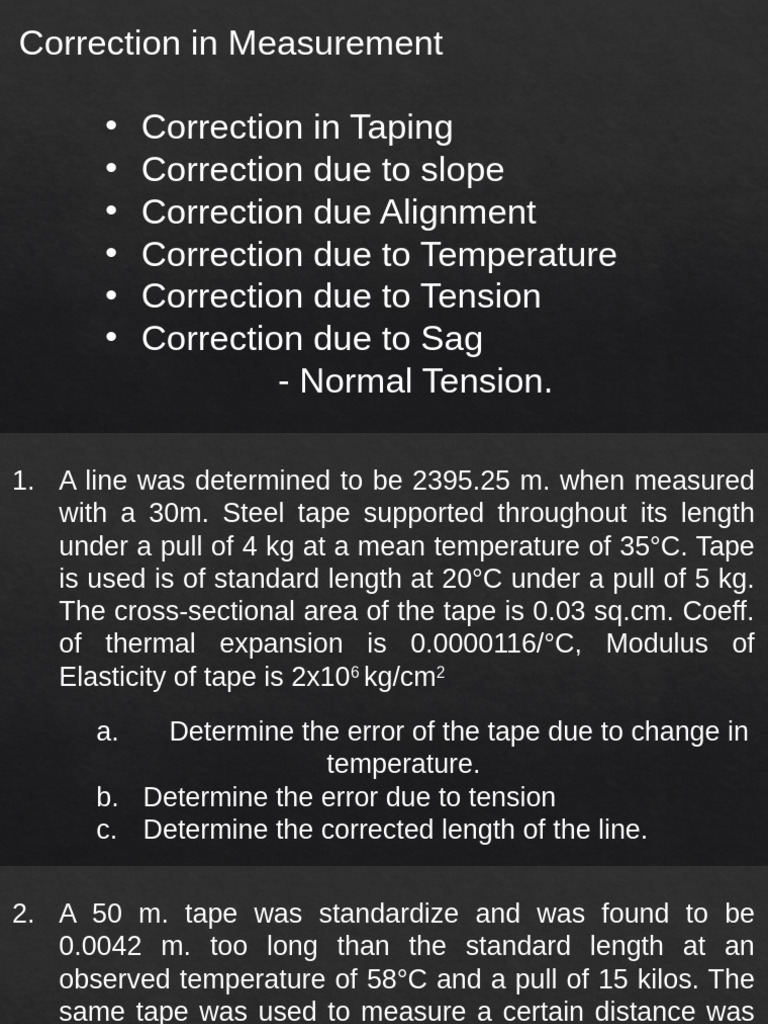 Corrections in Tape Measurement Errors | PDF | Thermal Expansion ...