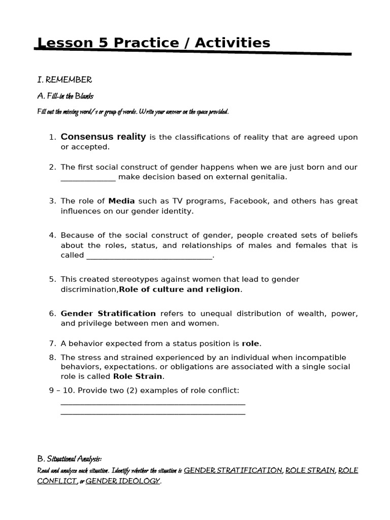 Lesson 5 Practice Activities | PDF | Gender Studies | Gender