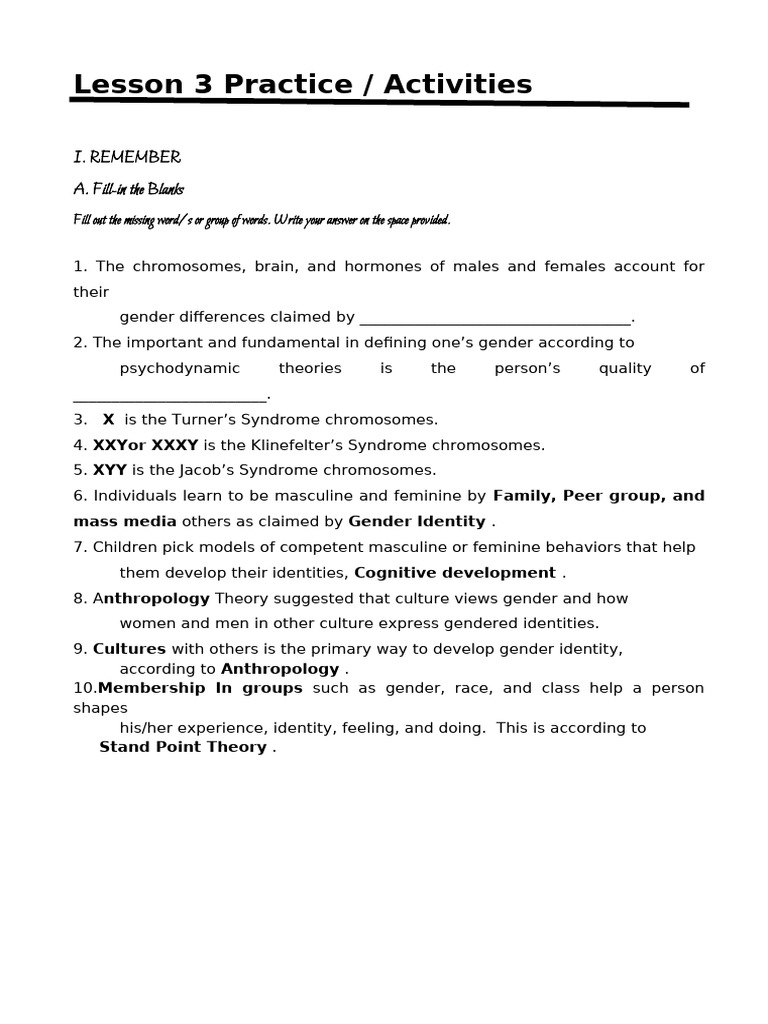 Lesson 3 Practice Activities | PDF | Gender | Gender Studies