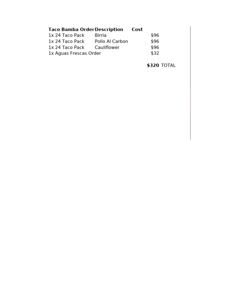 Taco Bamba Catering Menu & Prices | PDF
