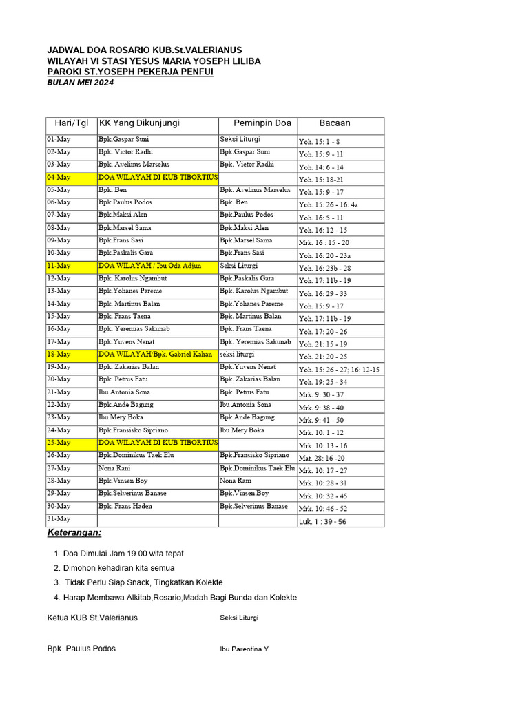 Rayon A - Jadwal Doa Rosario BLN Mei 2024 | PDF