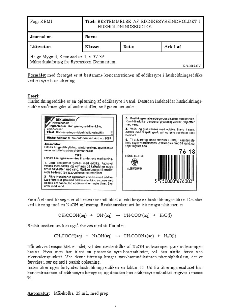 Bestemmelse Af Eddikesyreindholdet I Husholdningseddike | PDF