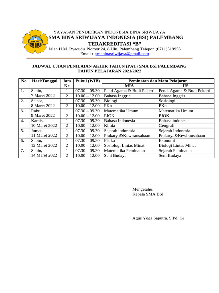 Jadwal Ujian Pat Sma Bsi 2022 | PDF