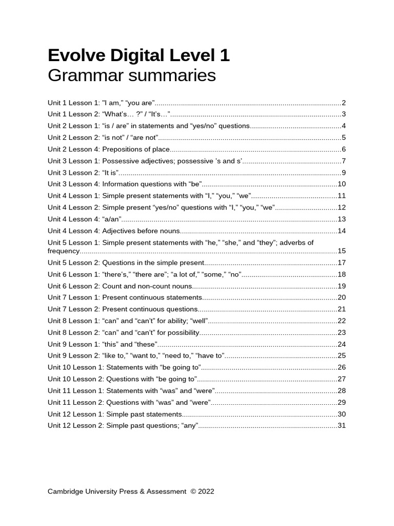 Evolve Digital Level 1 Grammar Summaries | PDF | Adjective | Plural