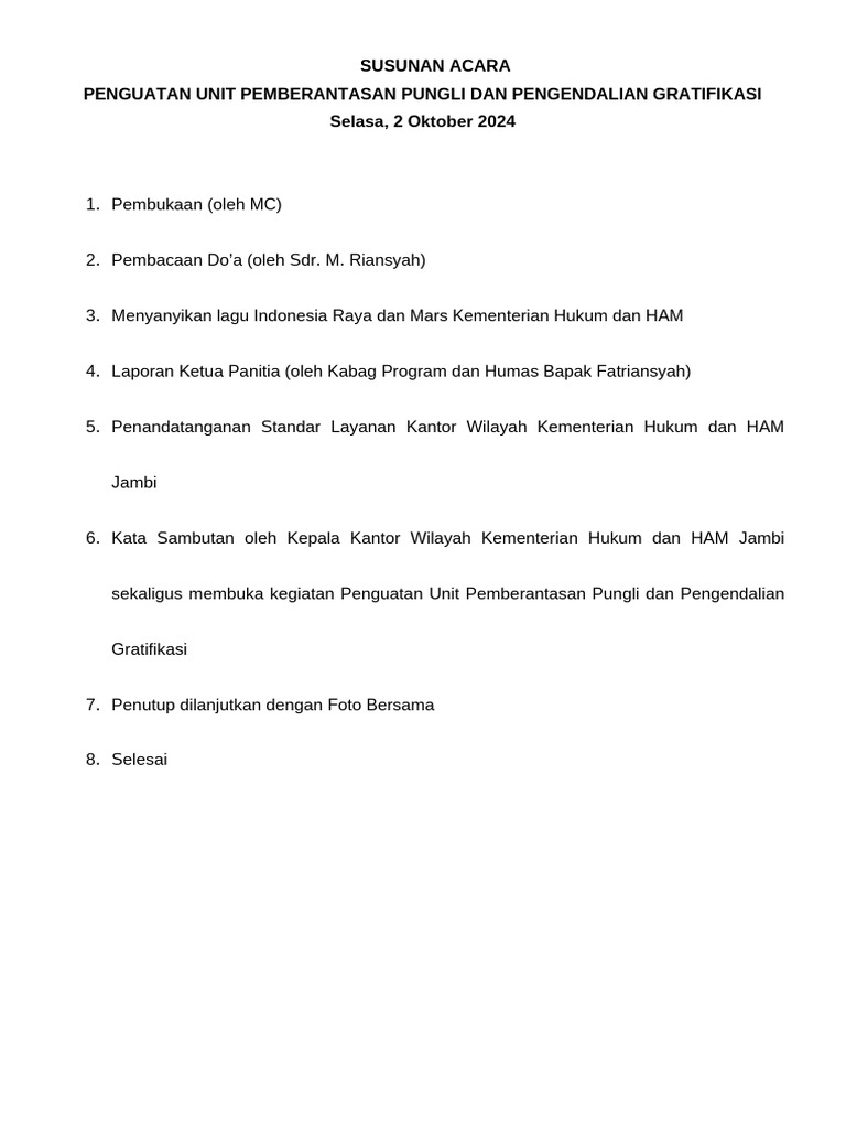 Susunan Acara Kegiatan Pengjuatan Upg Tahun 2024 | PDF