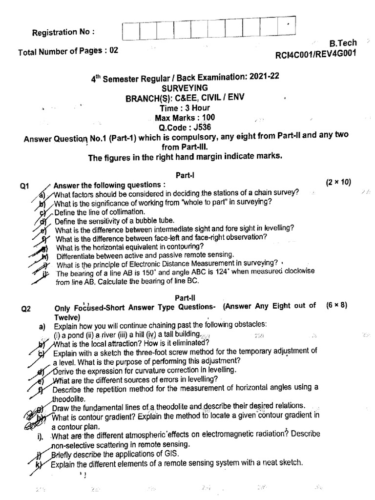 Btech Cee Civil Env 4 Sem Surveying Rci4c001 2022 | PDF