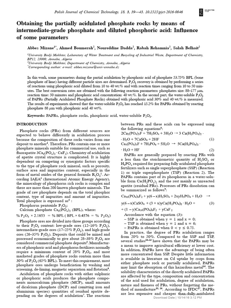 Partial Acidulation of Phosphate Rocks | PDF | Phosphate | Phosphorus