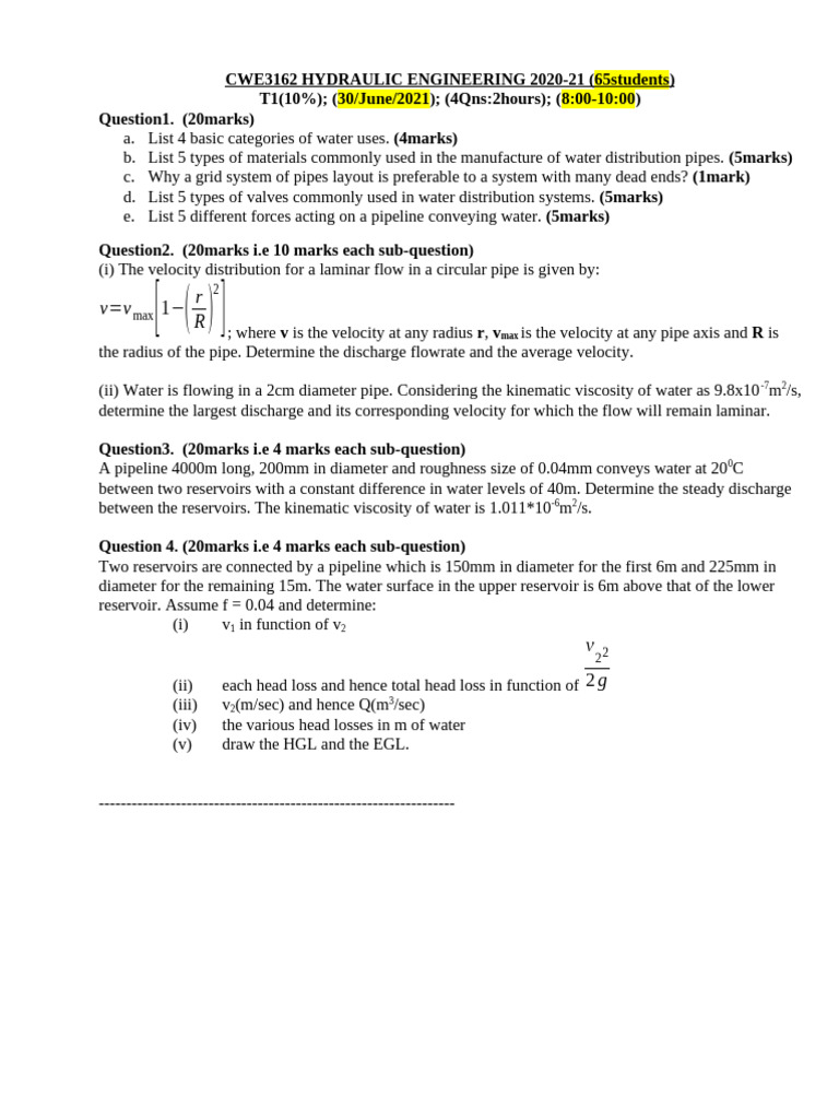 CAT1 Qns&ans - CWE3162 Hydraulic Engineering 2020-2021 | PDF | Pump | Pipe (Fluid Conveyance)