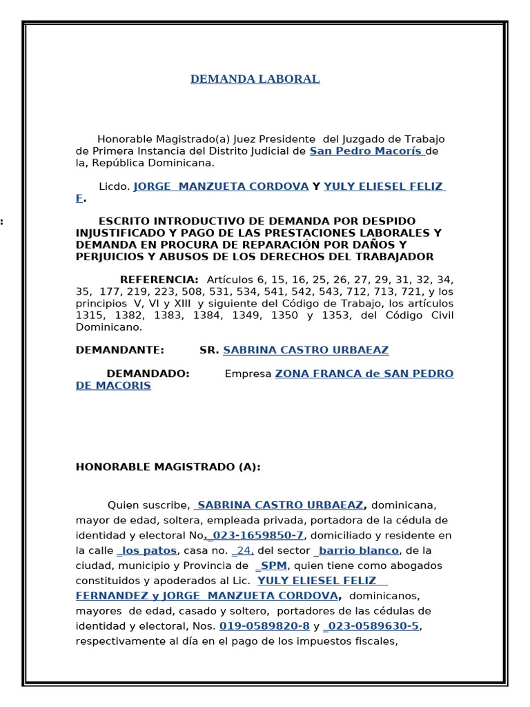 DEMANDA LABORAL Ejemplo | PDF | Derecho laboral | Sentencia (ley)