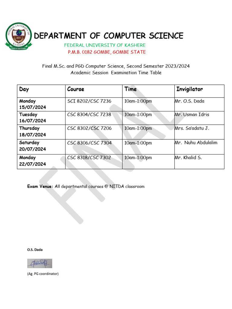 Department of Computer Science: Day Course Time Invigilator | PDF | Technology & Engineering