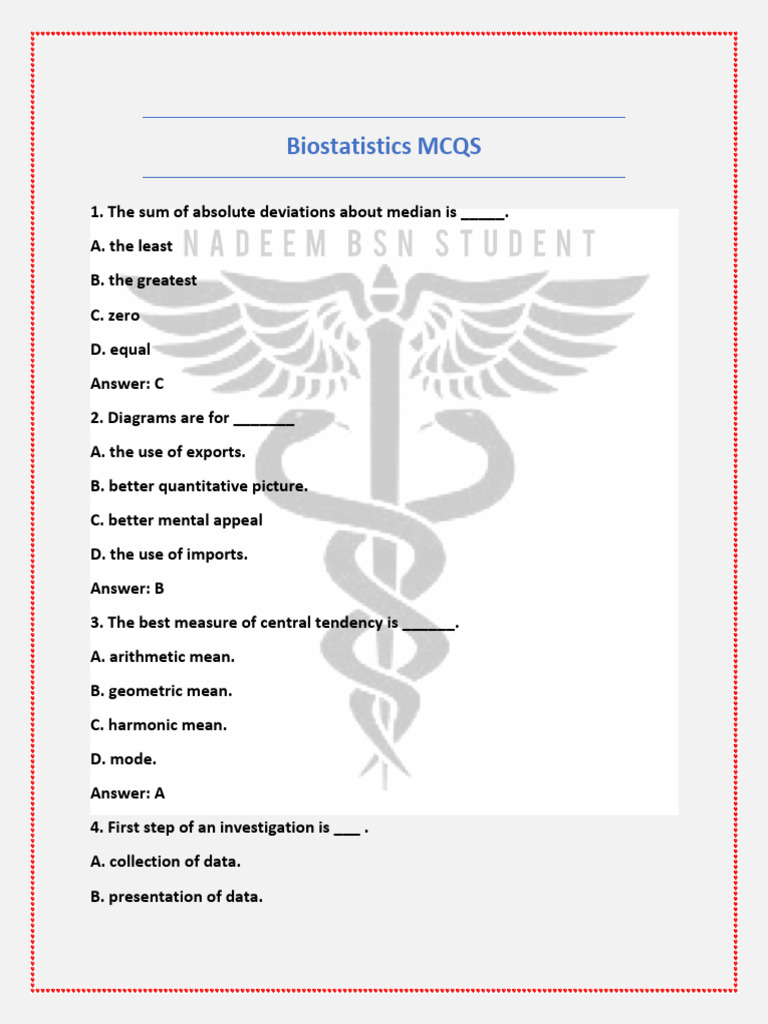 Biostatistics Mcqs | PDF | Mean | Errors And Residuals