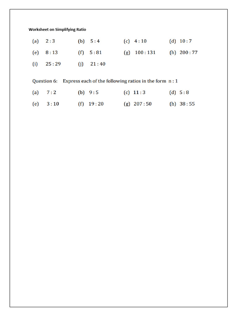 Worksheet On Simplifying Ratio | PDF