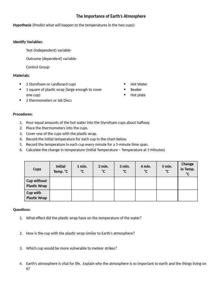 Science Experiment: Earth's Atmosphere | PDF