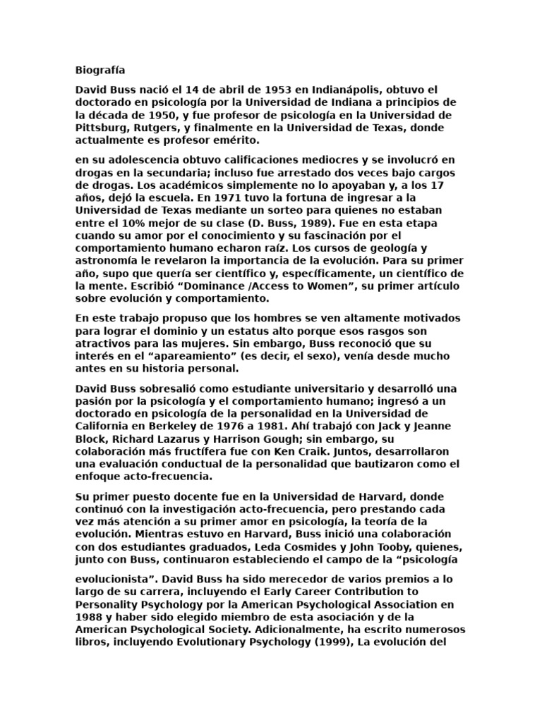 Biografía de David Buss: Psicología Evolutiva | PDF | Sicología