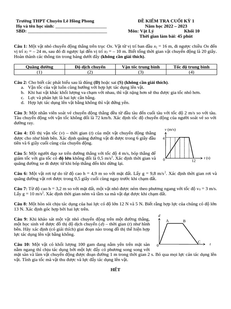 de Vat Ly 10 HK1 - THPT Chuyên Lê H NG Phong | PDF