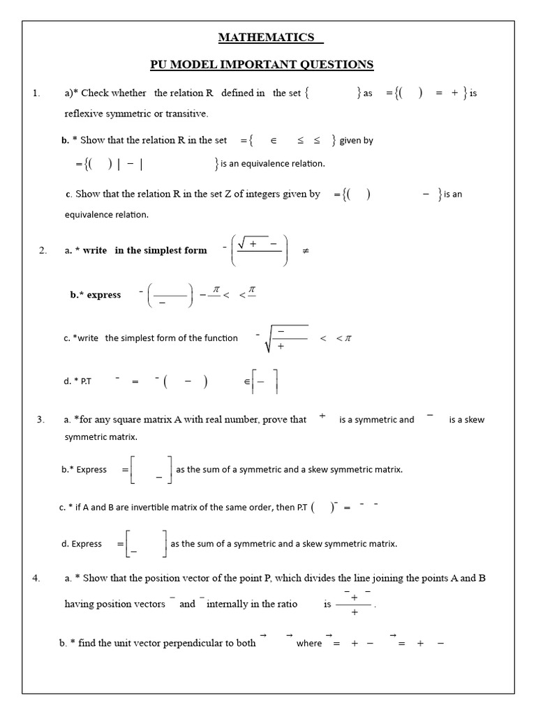 Mathematics Important Questions For Weekend Exam (31!08!2024) | PDF ...