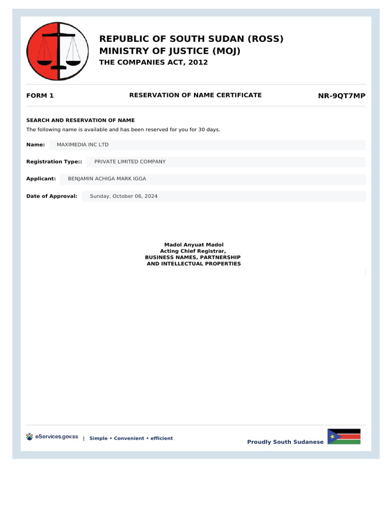 Name Reservation Certificate for MAXIMEDIA INC LTD | PDF
