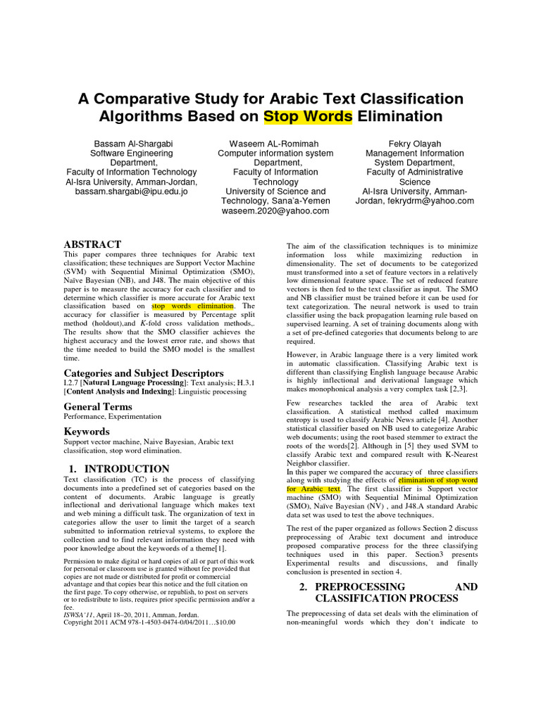 A Comparative Study For Arabic Text Classification Algorithms Based On Stop Words Elimination ...