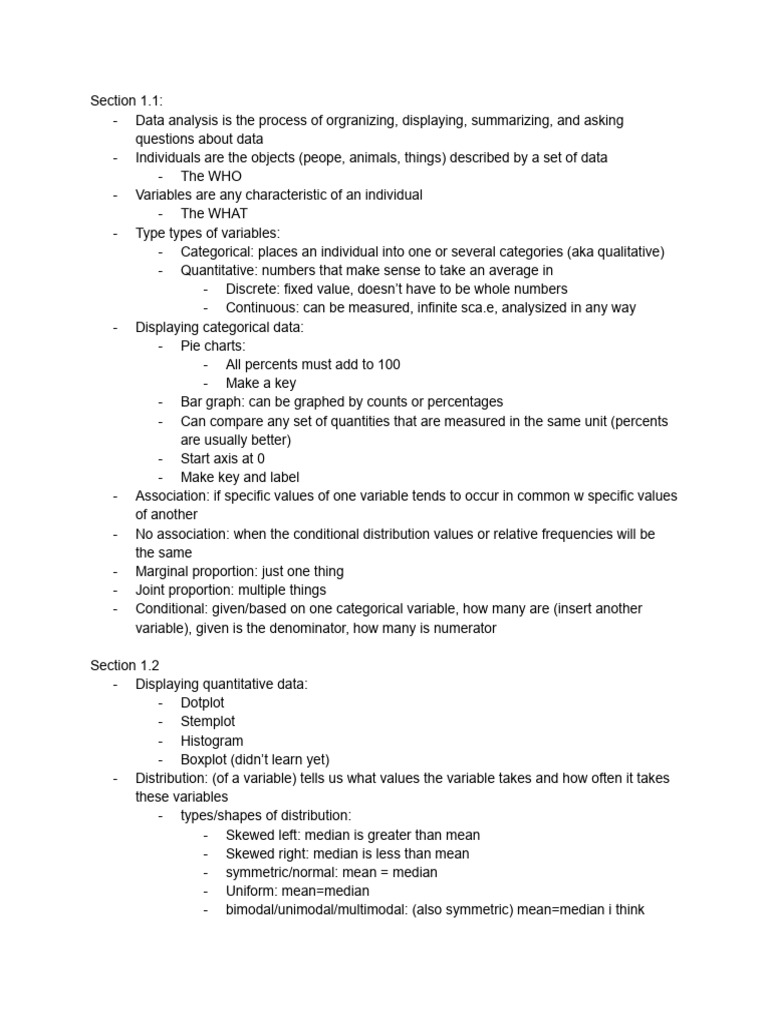 Study 1.1-1.2 AP Stats Notes | PDF | Skewness | Statistical Theory