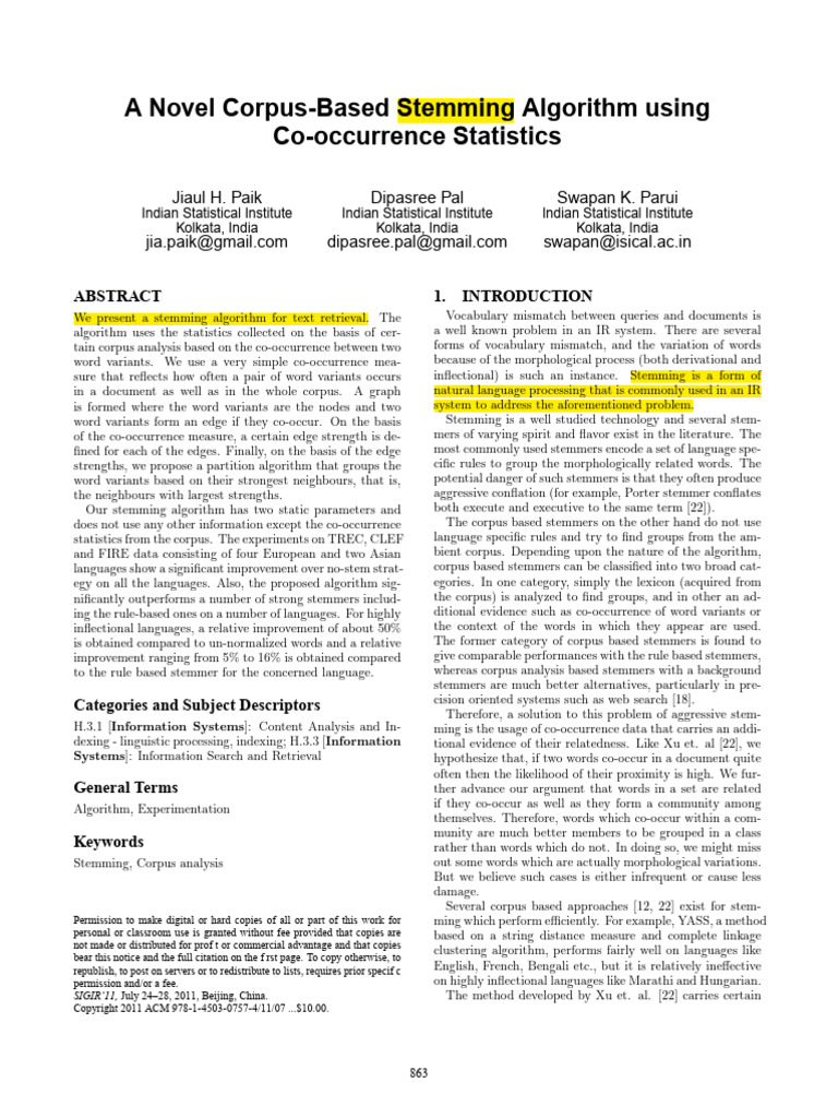 A Novel Corpus-Based Stemming Algorithm Using Co-Occurrence Statistics | PDF | Cluster Analysis ...