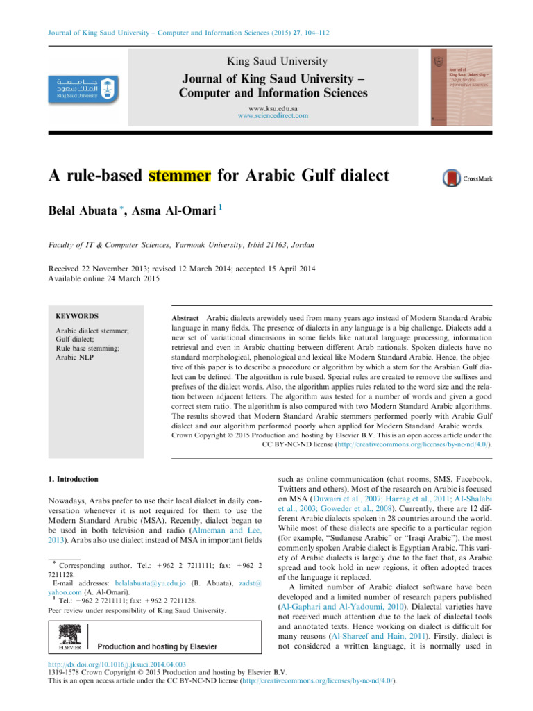 A Rule Based Stemmer For Arabic Gulf Dialect | PDF | Arabic | Dialect
