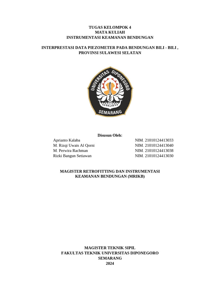 Kelompok 4 - Pembacaan Instrumentasi Piezometer Di Bendungan Bili-Bili | PDF