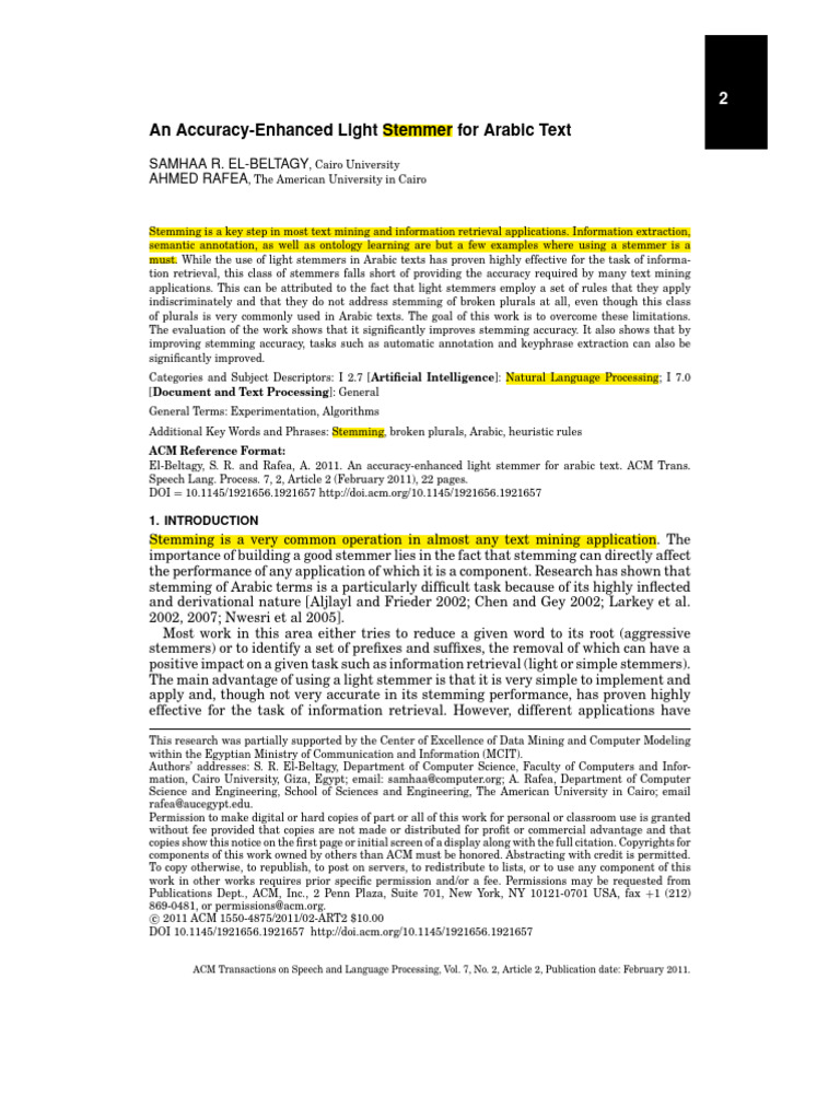 An Accuracy-Enhanced Light Stemmer For Arabic Text | PDF | Grammatical Gender | Morphology ...