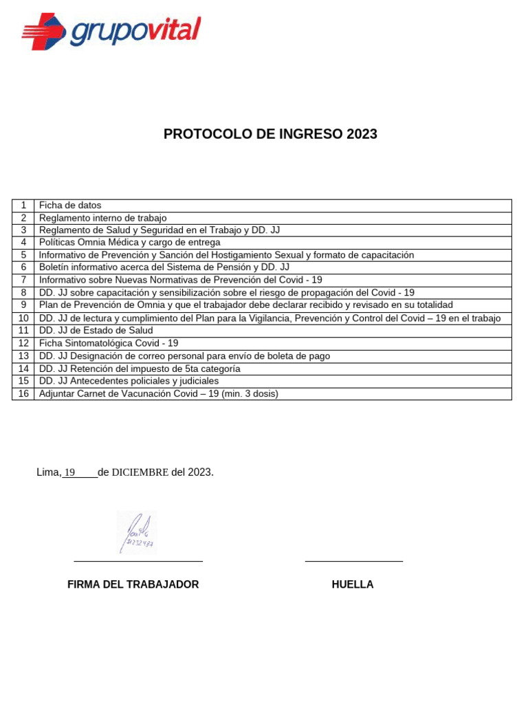 Protocolo de Ingreso 2023 | PDF | Documento de identidad | Pensión