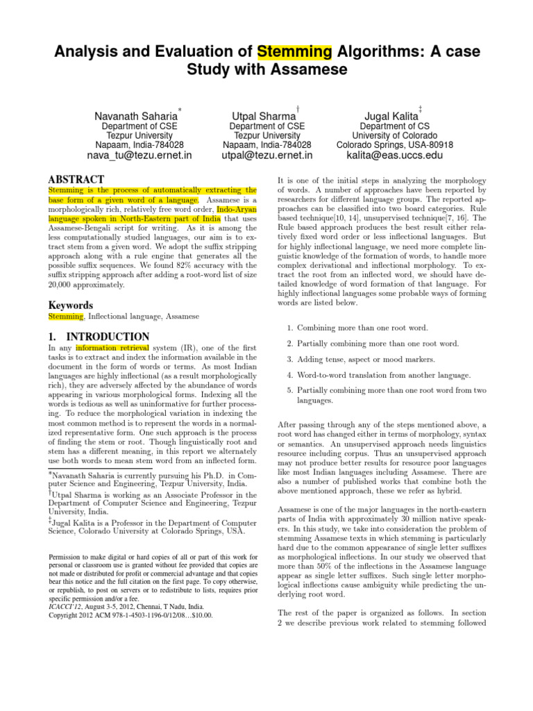 Analysis and Evaluation of Stemming Algorithms A Case Study With Assamese | PDF | Grammatical ...