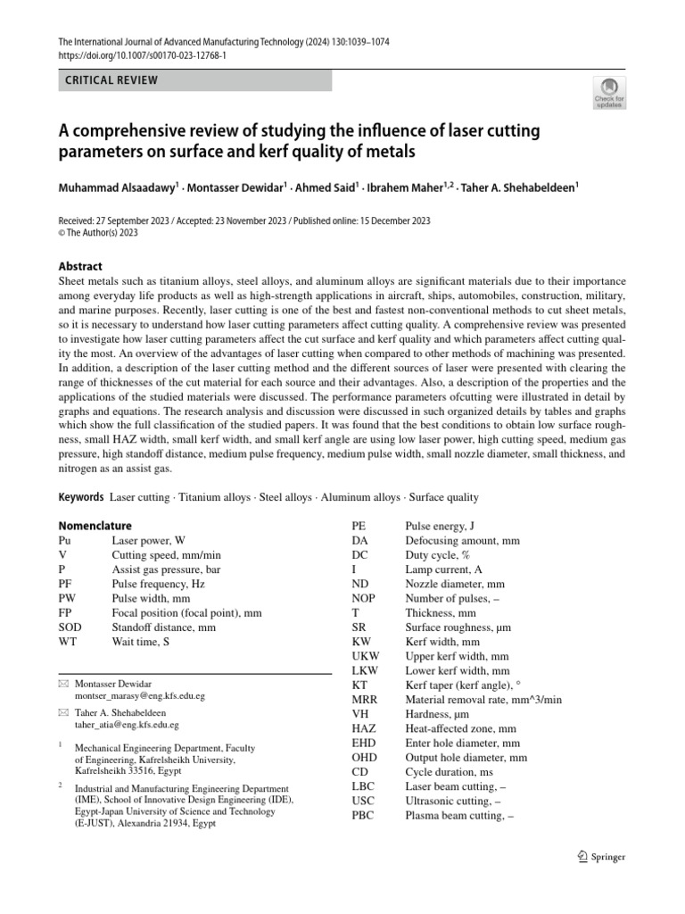 A Comprehensive Review of Studying The Infuence of Laser Cutting ...