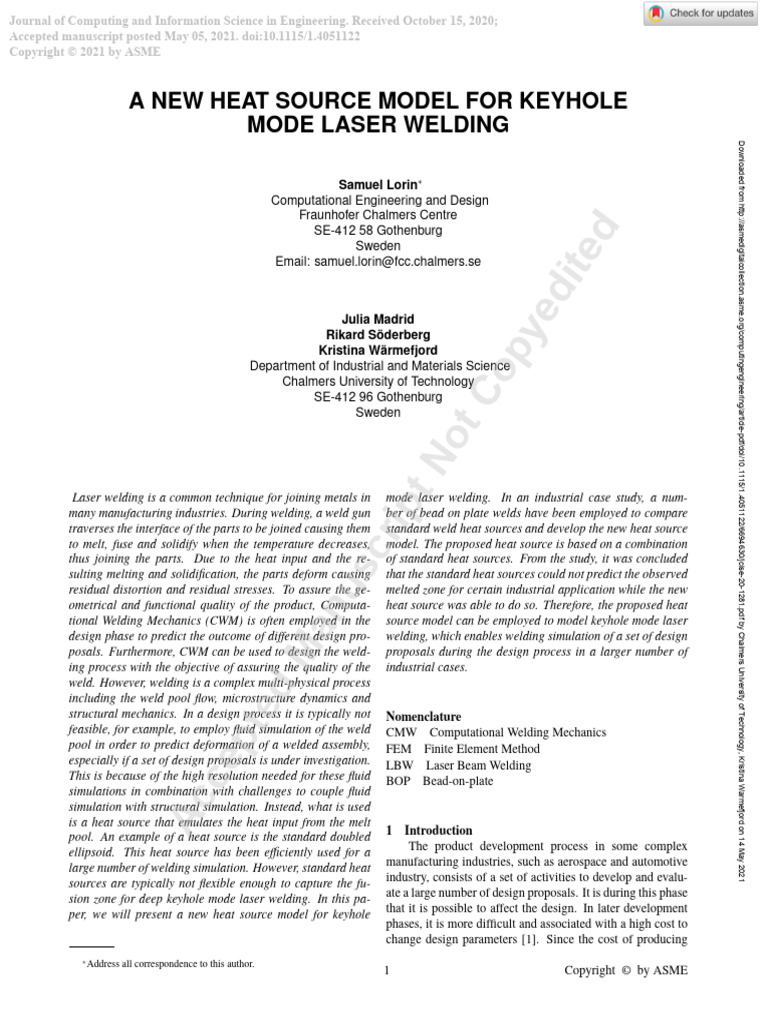 A New Heat Source Model For Keyhole Mode Laser Welding | PDF | Welding | Construction