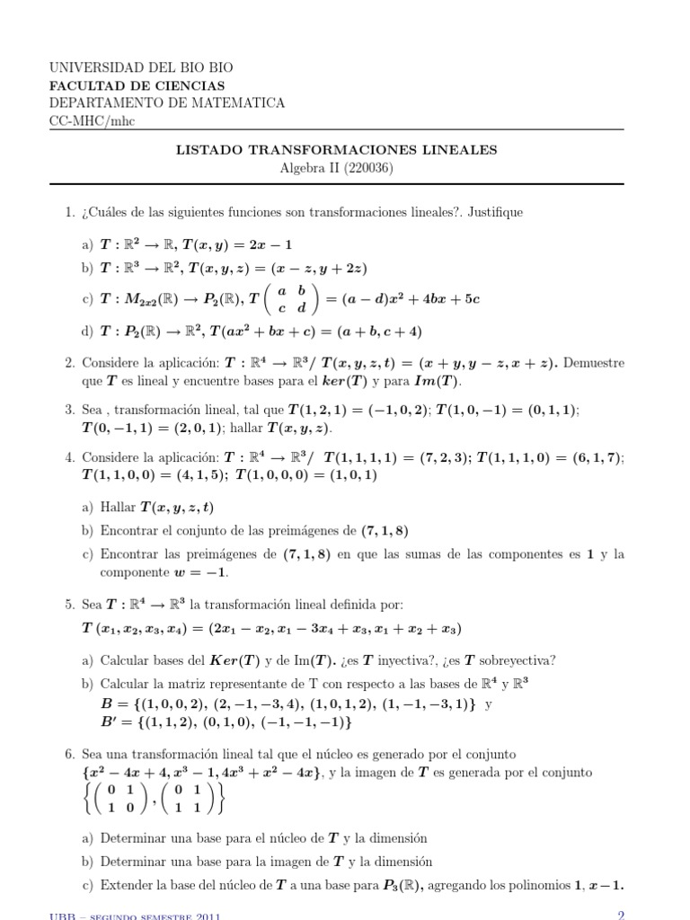 LISTADO Ejercicios de TRANSFORMACIONES LINEALES | PDF | Mapa lineal | Matriz (Matemáticas)