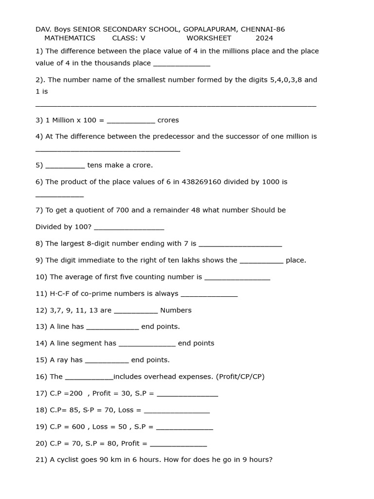 DAV Boys Term 1 Worksheet 2024 | PDF | Division (Mathematics) | Number ...