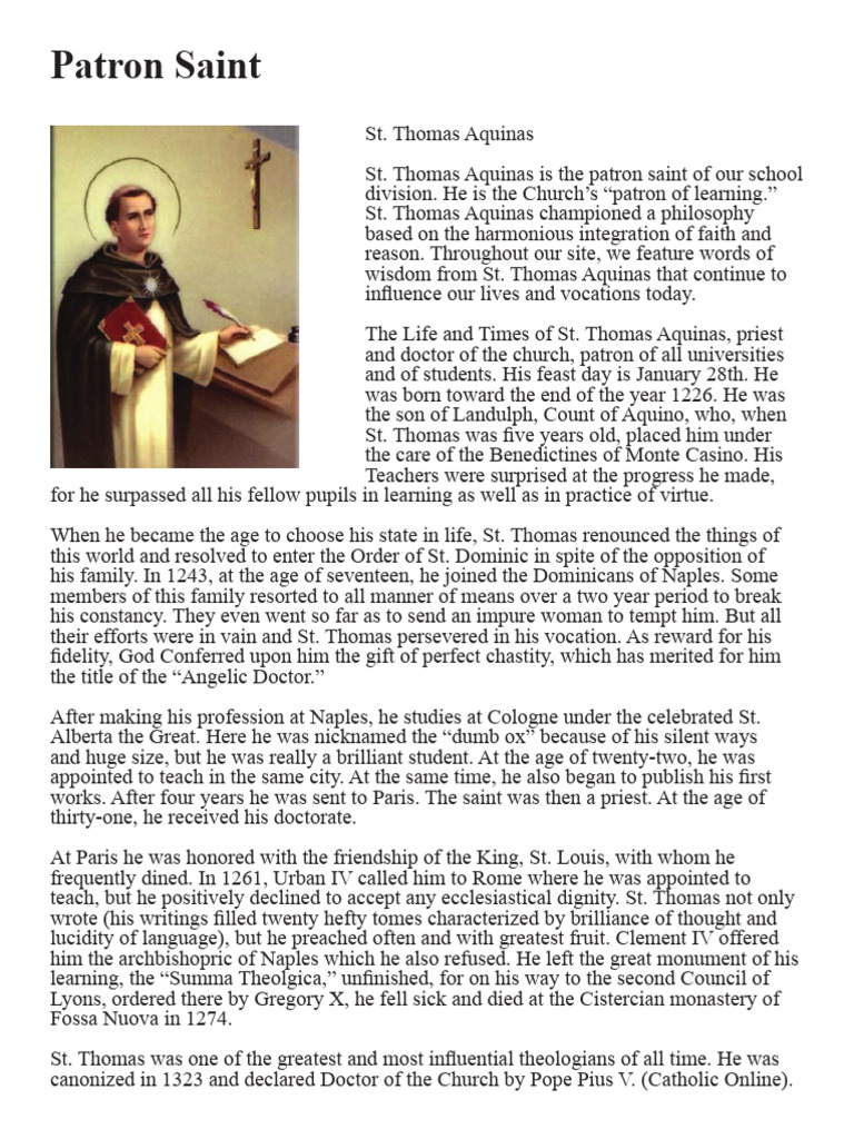St. Thomas Aquinas - STAR Catholics Patron Saint | PDF | Thomas Aquinas ...