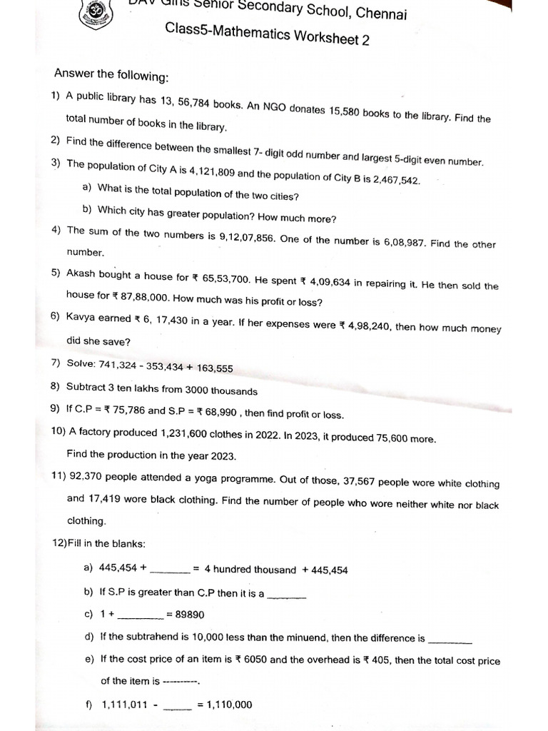 Dav Girls Math Worksheet-2 | PDF