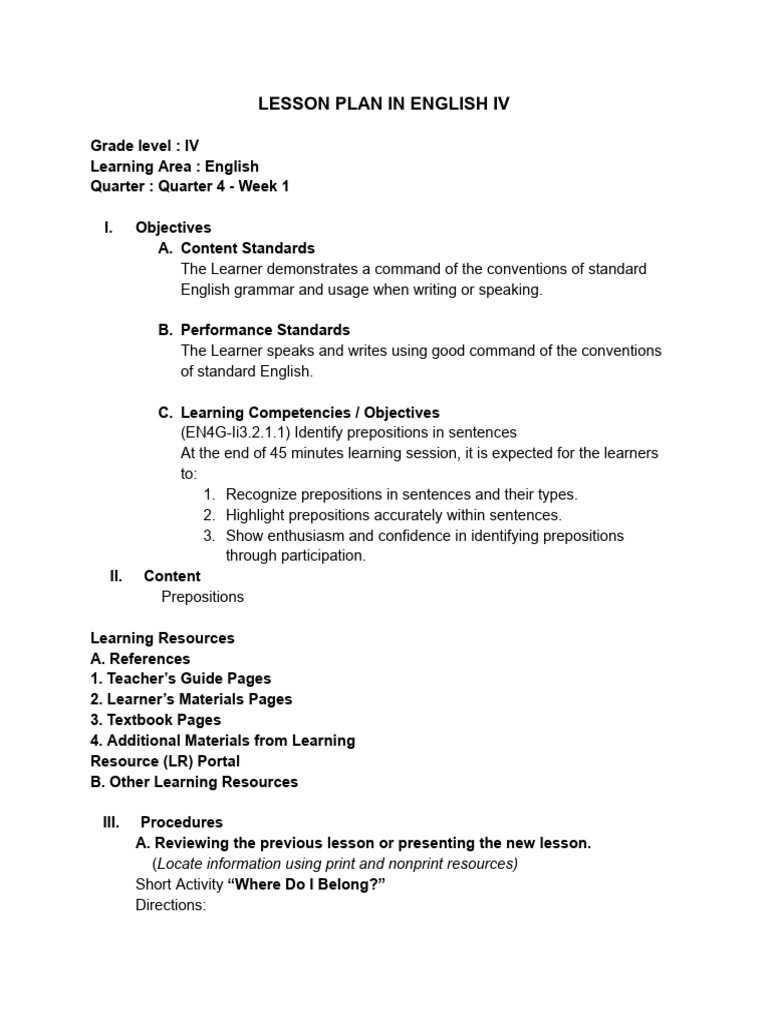 BEED 14-15 Leaan Lesson Plan | PDF | Learning | Preposition And ...