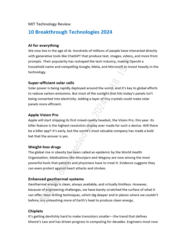 10 Breakthrough Technologies 2024 (MIT TR) | PDF | Renewable Energy