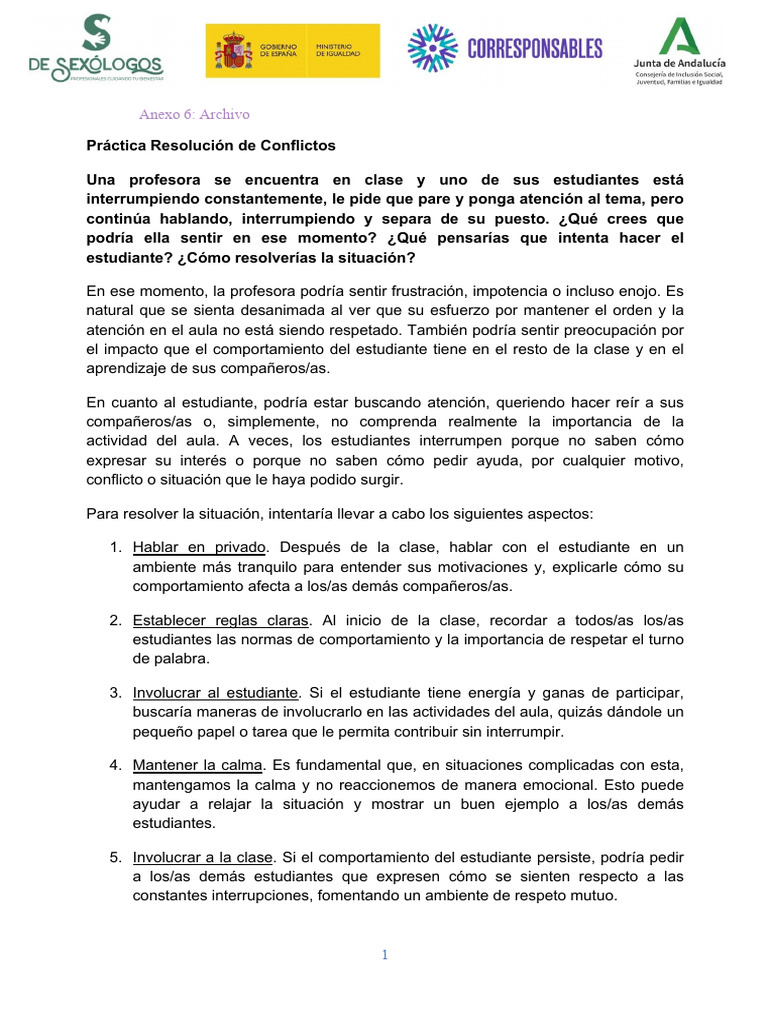 Actividad-Resolución de Conflictos | PDF | Salón de clases | Comportamiento