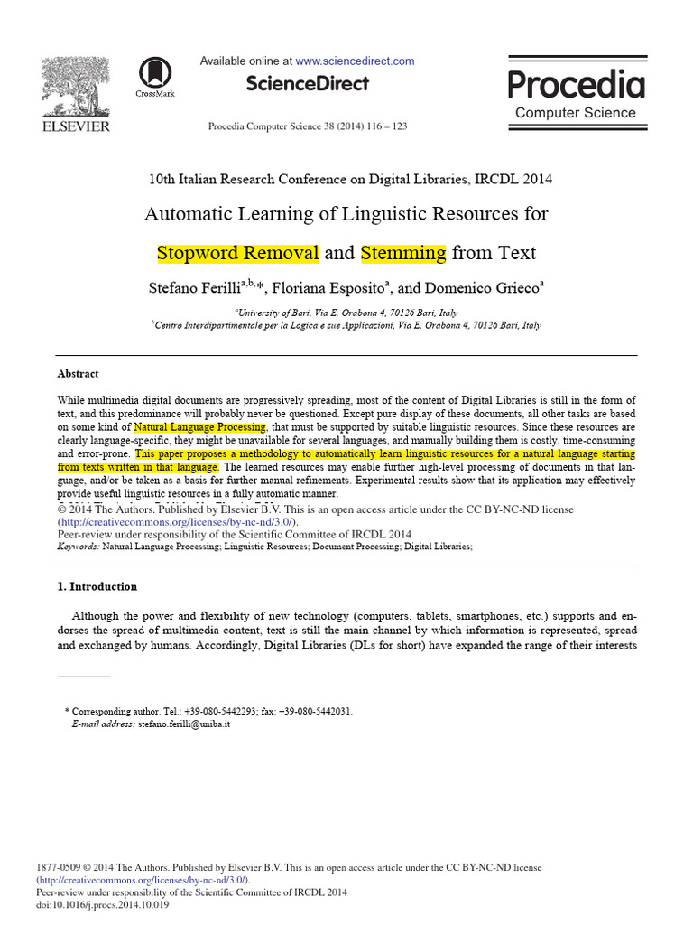 Automatic Learning Of Linguistic Resources For Stopword Removal And Stemming From Text Pdf